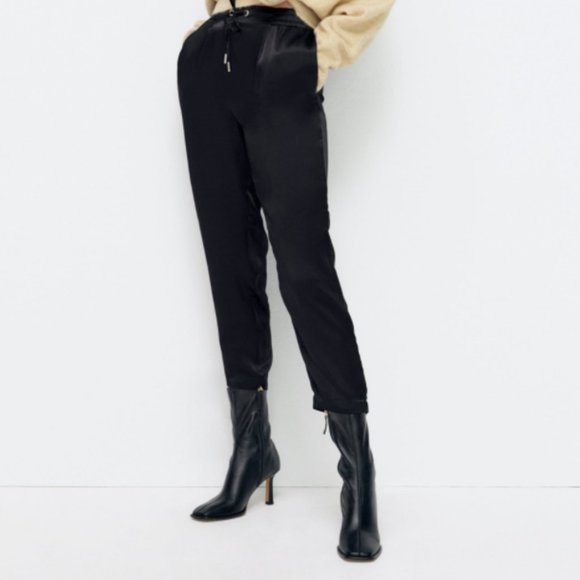 Zara | Pants & Jumpsuits | Zara Black Drawstring Elastic Waist Satin ...